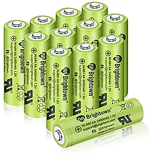 Brightown 12-Pack Rechargeable AA Batteries, 2400mAh High Capacity Precharged NiMH Double A Rechargeable Batteries for Solar Lights Household Devices, Recharge up to 1200 Cycles, UL Certified, 1.2V