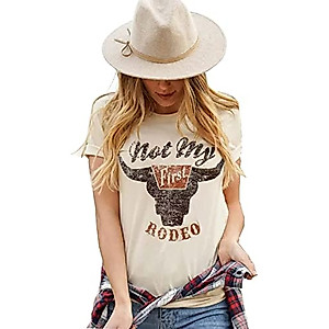 GEMLON Not My First Rodeo Cowgirl Western T-Shirt Tee Womens Casual Country Concert Short Sleeve Shirt Tops Apricot M