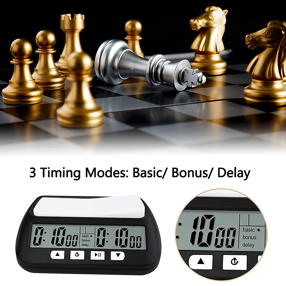 MOSTRUST Chess Clock Digital Chess Timer Professional for Board Games with Alarm, 3-in-1 Multifunction Portable Chess Clock, 2 AA Battery Included (Black)