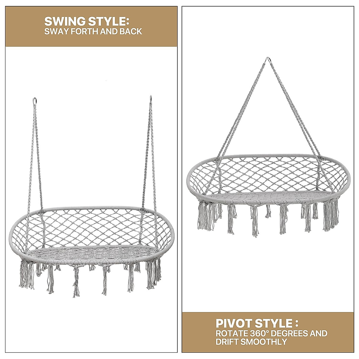 MoNiBloom Outdoor 2 Seat Hammock Chair with 3 Cushion, Indoor/Outdoor Hanging Macrame Swing Boho Chair for Adults, Max 700 lbs Capacity Patio Hanging Chair Porch Hammock Chair Hanging Rope Swing, Grey