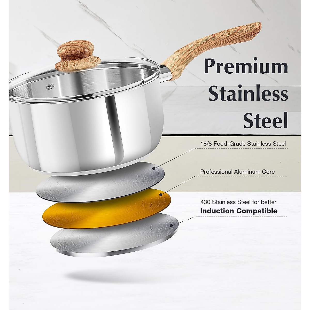 KOCH SYSTEME CS Stainless Steel Saucepan Set, 1QT & 2QT & 3QT Sauce Pan with Heat-resistant Bakelite Handle, Premium Stainless Steel Pot Set, Induction Sauce Pan Sets, Stainless Steel Pots 6 Piece