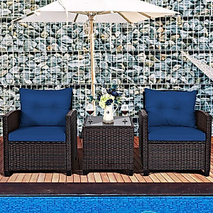 DORTALA 3 Pieces Patio Furniture Set, Outdoor Wicker Rattan Conversation Sofa Set with Cushion, Tempered Glass Top Table for Backyard Porch Garden Poolside Balcony, Navy