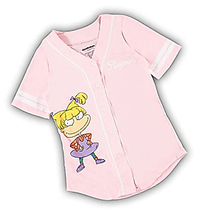 Nickelodeon Ladies 90's Fashion Shirt - Rugrats, Angelica and Chuckie Mesh Baseball Jersey (Light Pink, Small)