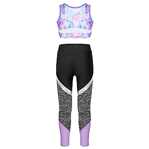 TiaoBug Kids Girls 2 Pieces Sport Sets Printed Crop Vest Tops and Leggings Tracksuit for Yoga Dance Lavender 6 Years