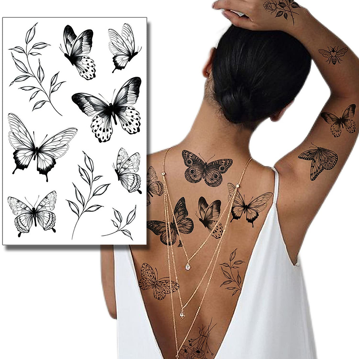 Tazimi 6 sheets large Black Butterfly Temporary Tattoos for Women-flowers butterflies Hummingbird swallow Rose Temporary Tattoos Waterproof Long Lasting Tattoos Stickers Sexy Fake Tattoo for Adults