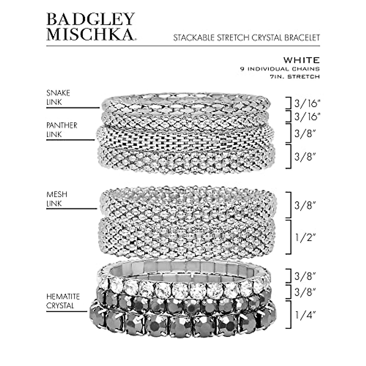 Badgley Mischka Women's Bracelet - Stackable Stretch Layered Crystal Snake Panther Link Mesh Bangle Tennis Bracelet, White