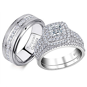 Newshe Wedding Rings Set for Him and Her Women Mens Tungsten Bands Princess Cz 2.3Ct Sterling Silver 8&10