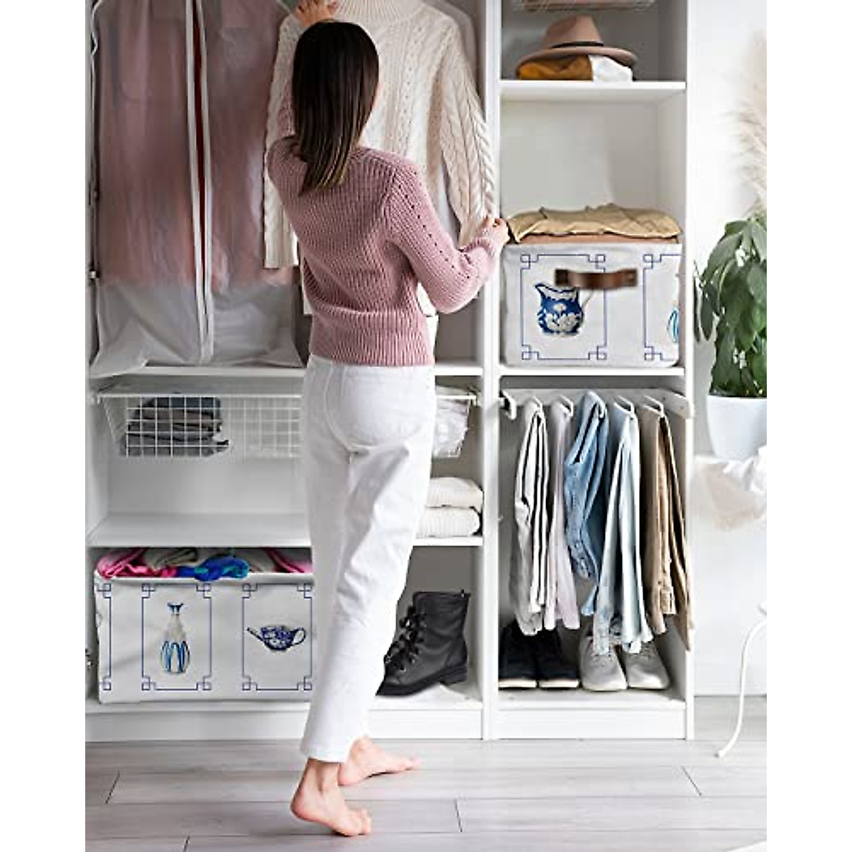Retro Classic Chinese Porcelain Art Cube Storage Organizer Bins with Handles,2-PC 15x11x9.5 In Collapsible Canvas Cloth Fabric Storage Basket,Rustic Blue White Floral Flower Toys Bin Boxes for Shelves