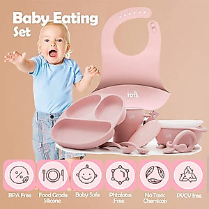 Tiny Tots - Baby Led Weaning Supplies - Feeding Essentials - Baby suction paltes & supplies: Bib, Suction Bowl & Suction Plate, Collapsible Cup, and Utensils - Easy to use feeding set (Pink)