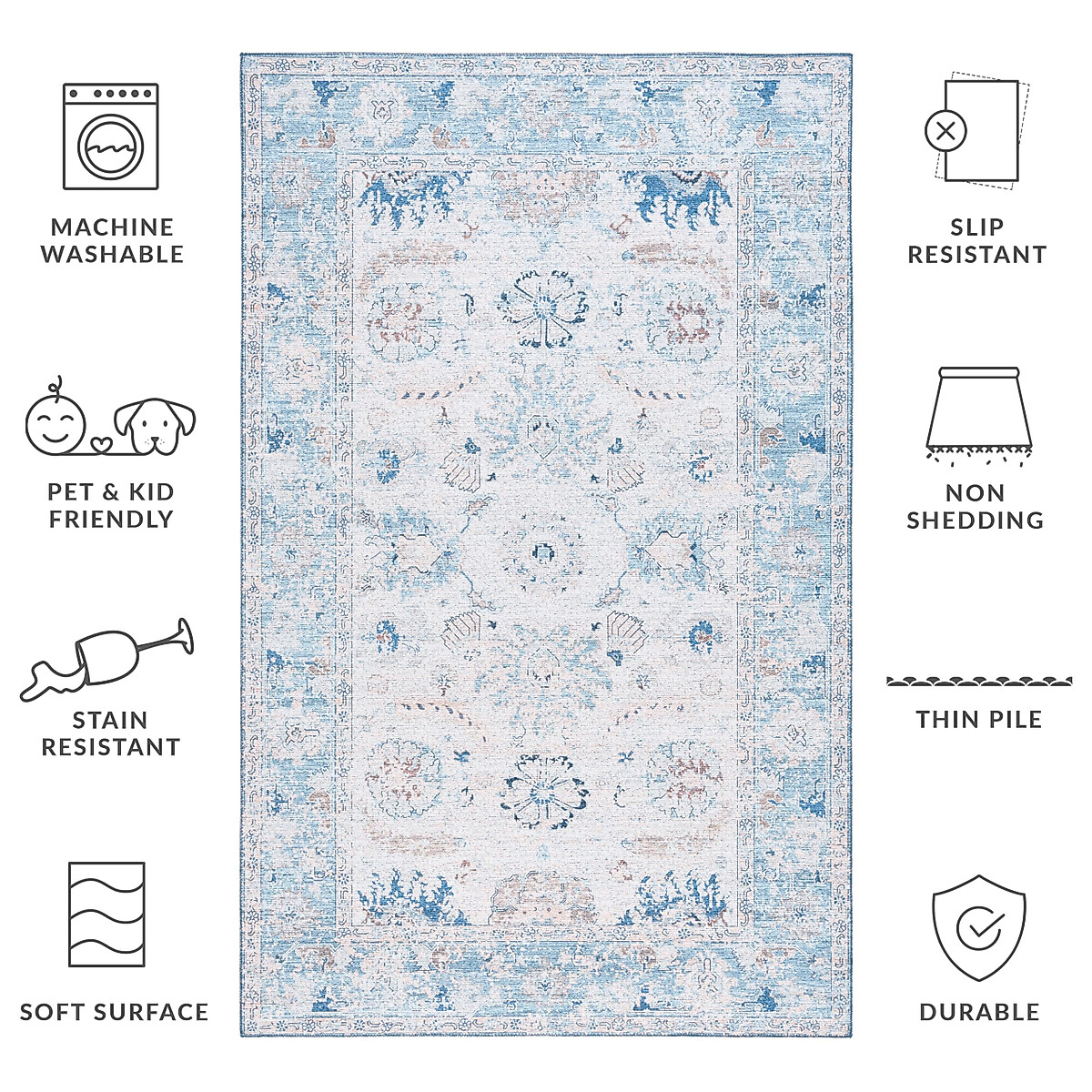 SAFAVIEH Tucson Collection Area Rug - 4' x 6', Blue & Beige, Oriental Design, Machine Washable Ideal for High Traffic Areas in Living Room, Bedroom, Dining (TSN908M-4)