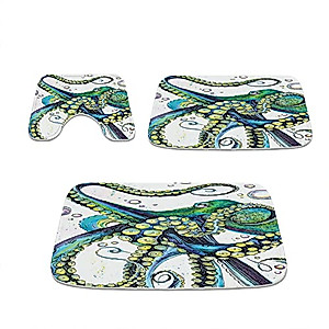 Colorful Fashion Octopus Bathroom Rugs and Funny Ocean Decor Mats Sets 3 Piece, Velvet Memory Foam Anime Nautical Theme Bath Mat, Large Small and U-Shaped Contour Shower Mat Non-Slip Washable