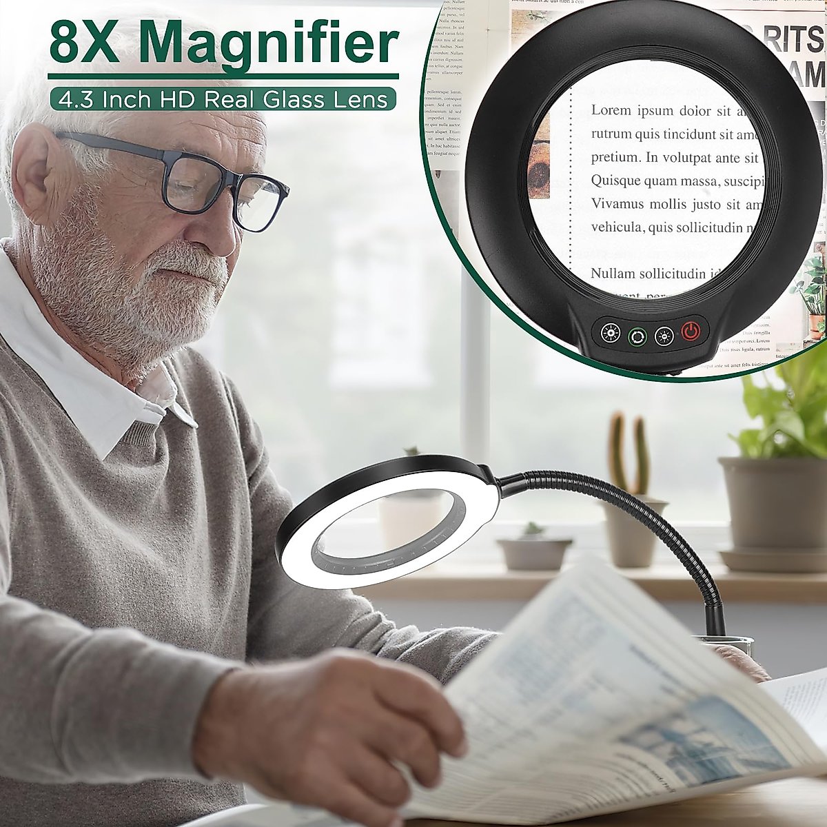 Drdefi 8X Magnifying Glass with Light and Stand, 5 Color Modes Stepless Dimmable Flexible Gooseneck Magnifying Desk Lamp, LED Lighted Magnifier Hands Free for Craft Reading Painting Close Work Hobby