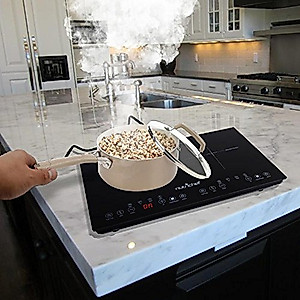 NutriChef Double Induction Cooktop - Portable 120V Digital Ceramic Dual Burner w/ Kids Safety Lock - Works with Flat Cast Iron Pan,1800 Watt,Touch Sensor Control, 12 Controls - PKSTIND48, Black