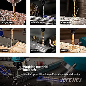JEFE HEX 3/8" Inch Hex Shank with Titanium Coating Twist Drill Bits, 135 Degree Easy Cut Split Point Drill Bits (Pack of 6)