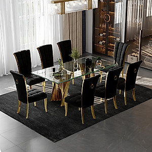 Asday Black Velvet Dining Chairs, Metal Back Ring Pull Trim and Golden Legs, Black and Gold Dining Chair for Dining Room, Apartment, Kitchen (Black, Set of 12)
