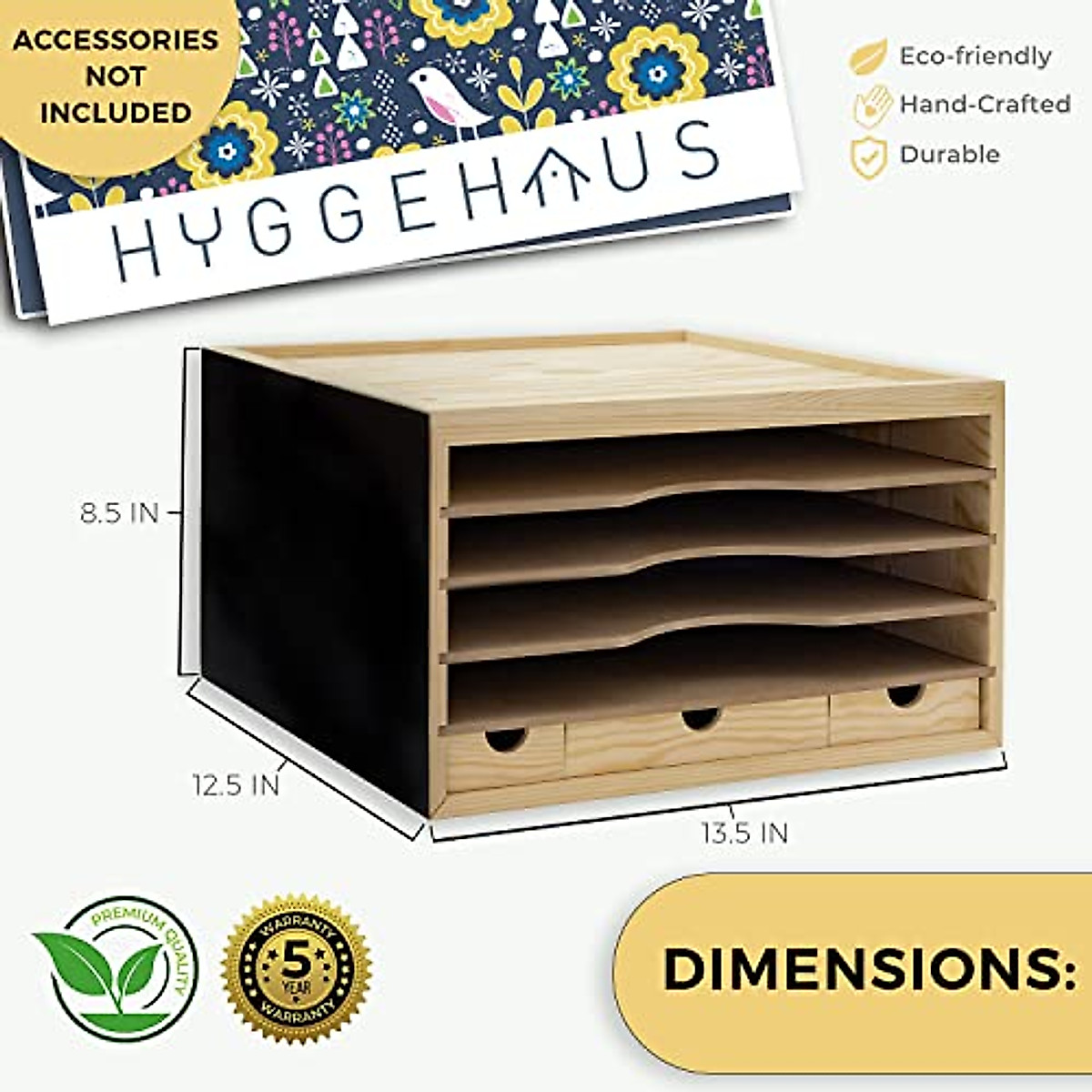 HYGGEHAUS Scrapbook Paper Storage & Organization - Art & Craft Organizer Made from Solid Pinewood | 3 Storage Trays, Magnetic Adhesive Sheet, Hook for Scissors & Portability Handle | Stackable Design