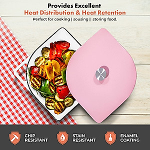 Bruntmor 3 Quart Cast Iron Enameled Dutch Oven - Modern Squoval Design - Nonstick Seasoned Pot with Stainless Steel Knob - Ideal for Christmas/Thanksgiving Dinner - White with Pink Lid