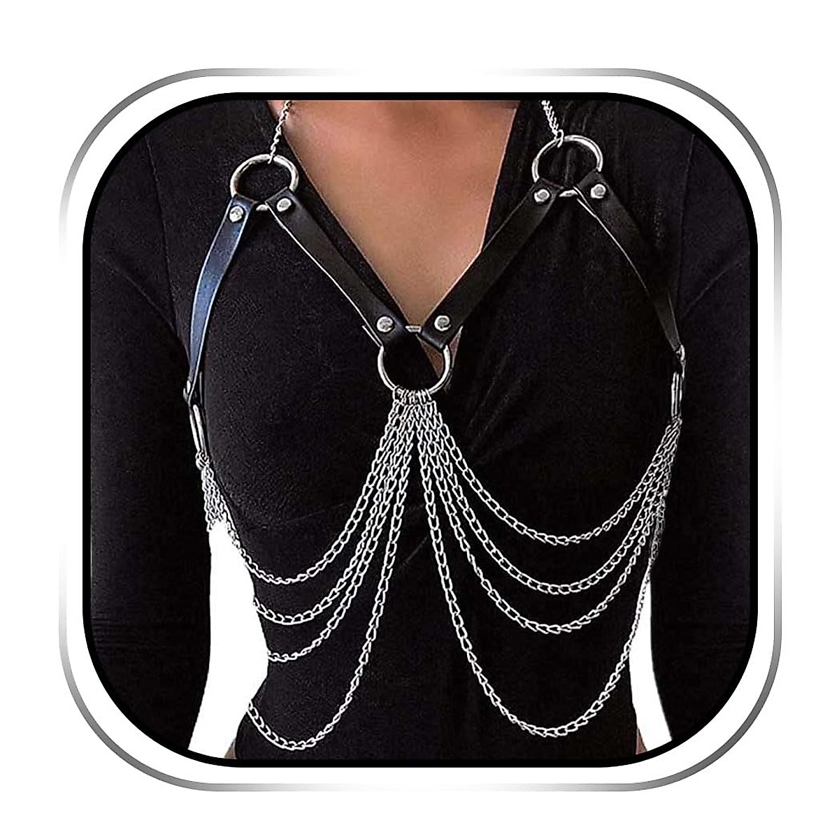 Reetan Punk Layered Chest Chains Silver Leather Body Chains Ring Rave Party Nightclub Body Jewelry Accessories for Women