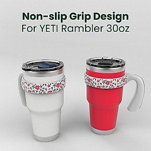 for YETI Handle 30 oz Tumbler, Compatible for YETI 30 oz Tumbler Handle and YETI Cup Holder, Handle for YETI 30 oz Tumbler with Anti-Scratch Pink Floral Design for Girls Woman, White, 1 Pack