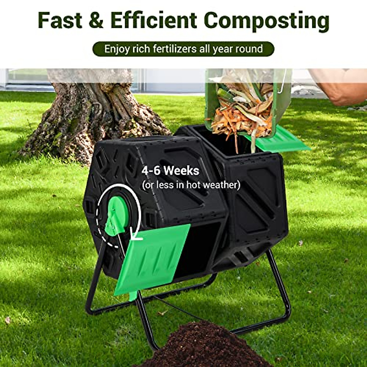 Goplus Compost Bin, Dual Chamber 34.5 Gal Compost Tumbler with 2 Rotating Chambers, Sliding Doors, High-Volume Outdoor Garden Composter, Rotating Composting Bin for Garden Yard, BPA Free