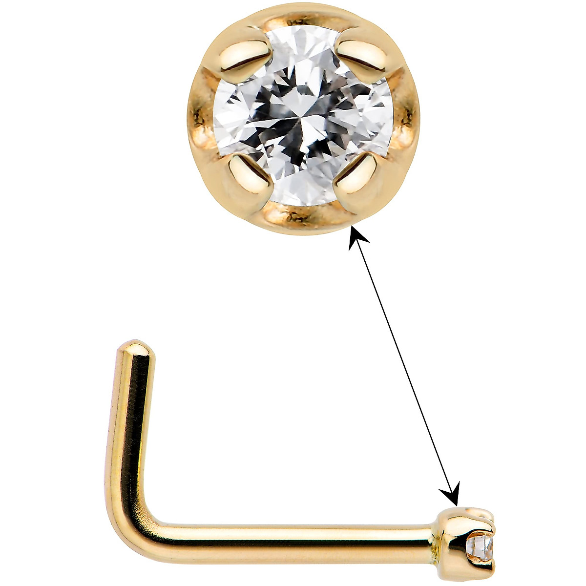 Body Candy Solid 14k Yellow Gold 1.5mm (0.015 cttw) Genuine Diamond L Shaped Nose Stud Ring 18 Gauge 1/4"