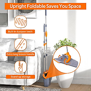AXFRVEWA Broom and Dustpan Set with 52" Long Handle Broom with Dustpan Combo Set, Self-Cleaning Teeth & Standing Dust Pan and Broom for Home Office Kitchen Lobby Floor Use-Gray&Orange
