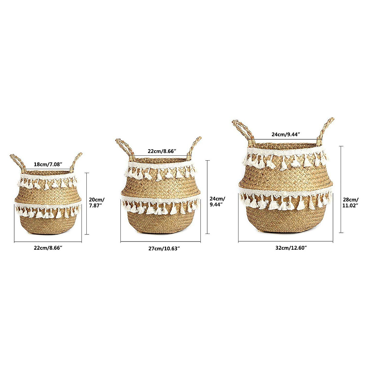 BlueMake Tassel Macrame Woven Seagrass Belly Basket for Storage, Decoration, Laundry, Picnic, Plant Basin Cover, Groceries and Toy Storage (Large, Tassel)