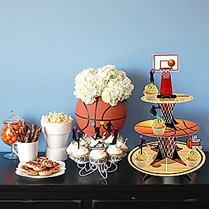 Basketball Party Decorations Cupcake Stand with 24pcs Basketball Cupcake Toppers for Kids Boys Basketball Sports Game Themed Birthday Party Supplies Basketball 3 Tier Cupcake Tower