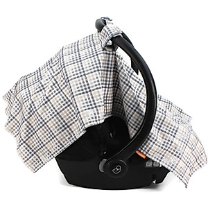 Dear Baby Gear Deluxe Reversible Car Seat Canopy, Custom Minky Print, Fish on Grey/Grey Tan Plaid