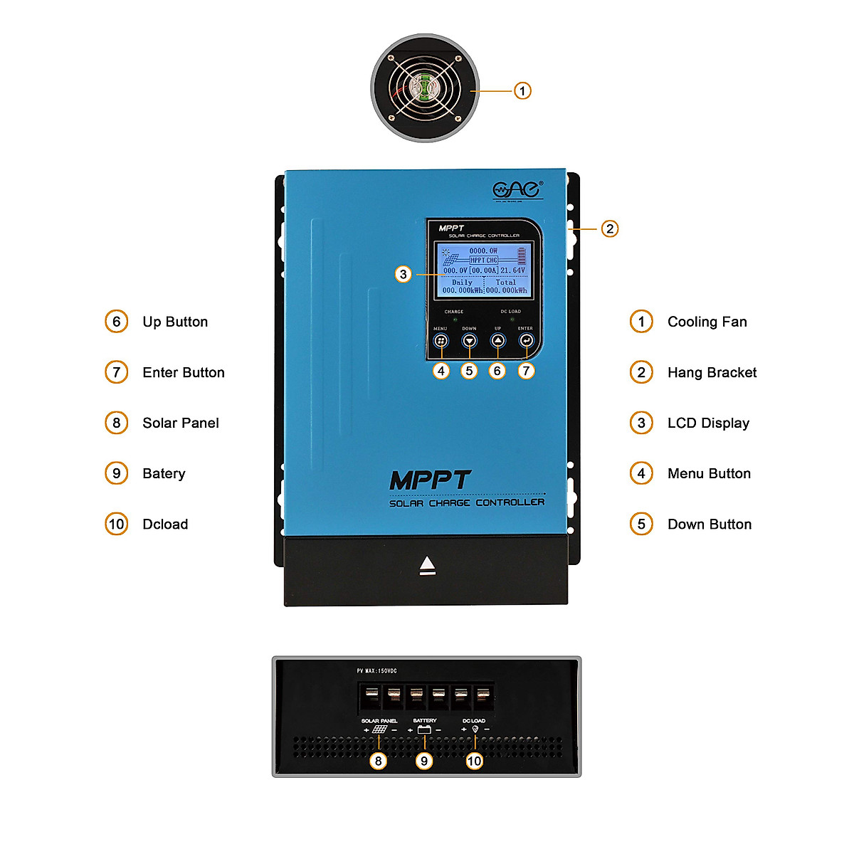 60A MPPT Solar Charge Controller 60amp Panel Battery Charger Controller 48V 36V 24V 12V Auto Max 150VDC Input mppt Charge Controllers Support Sealed Gel AGM Flooded Lithium Battery