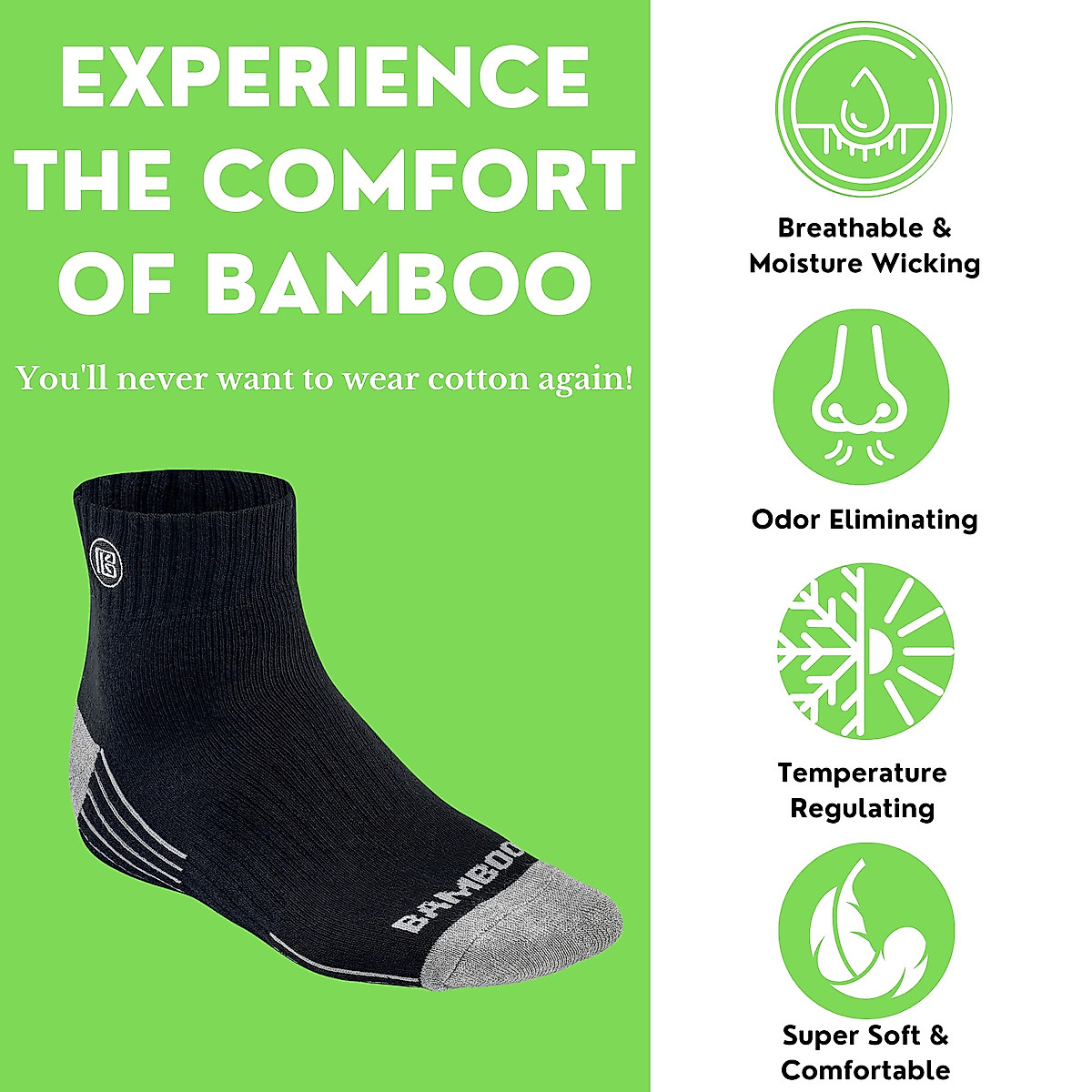 Premium Bamboo Crew Work Socks- Quarter High Moisture Wicking, Odor Eliminating Black Quarter Crew Socks for Men Size 9-12 - 3 Pair