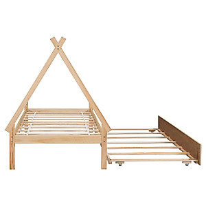 LostCat Twin Bed with Trundle, Twin Size Tent Floor Bed, Teepee Bed for Kids Teens Girls Boys, Wood Montessori Bed with Slat Support, Easy Assembly, Natural