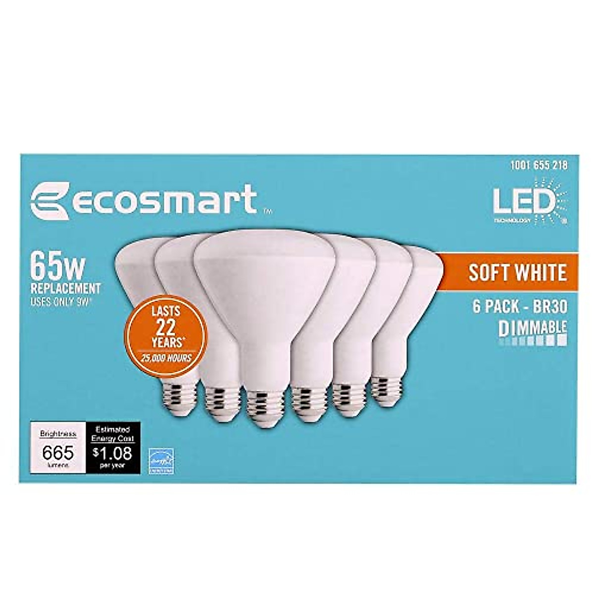 EcoSmart 65W / 65 Watt Replacement (10.5W) LED BR30 Dimmable Soft White (2700K) Medium Base (E26) Energy Star Rated Reflector Lamp for Recessed Can Lights, 6 Pack