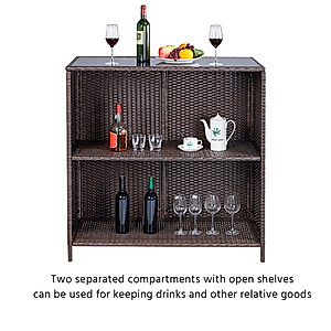 Yaheetech 3pcs Patio Bar Set, Outdoor Wicker Bar Furniture with 2 Storage Shelves, Glass Top Table, Removable Cushions and Two Stools for Backyards, Porches, Gardens or Poolside