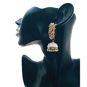 Moonstruck Golden Meenakari Jhumkas With White Pearls For Women (Green) (White)