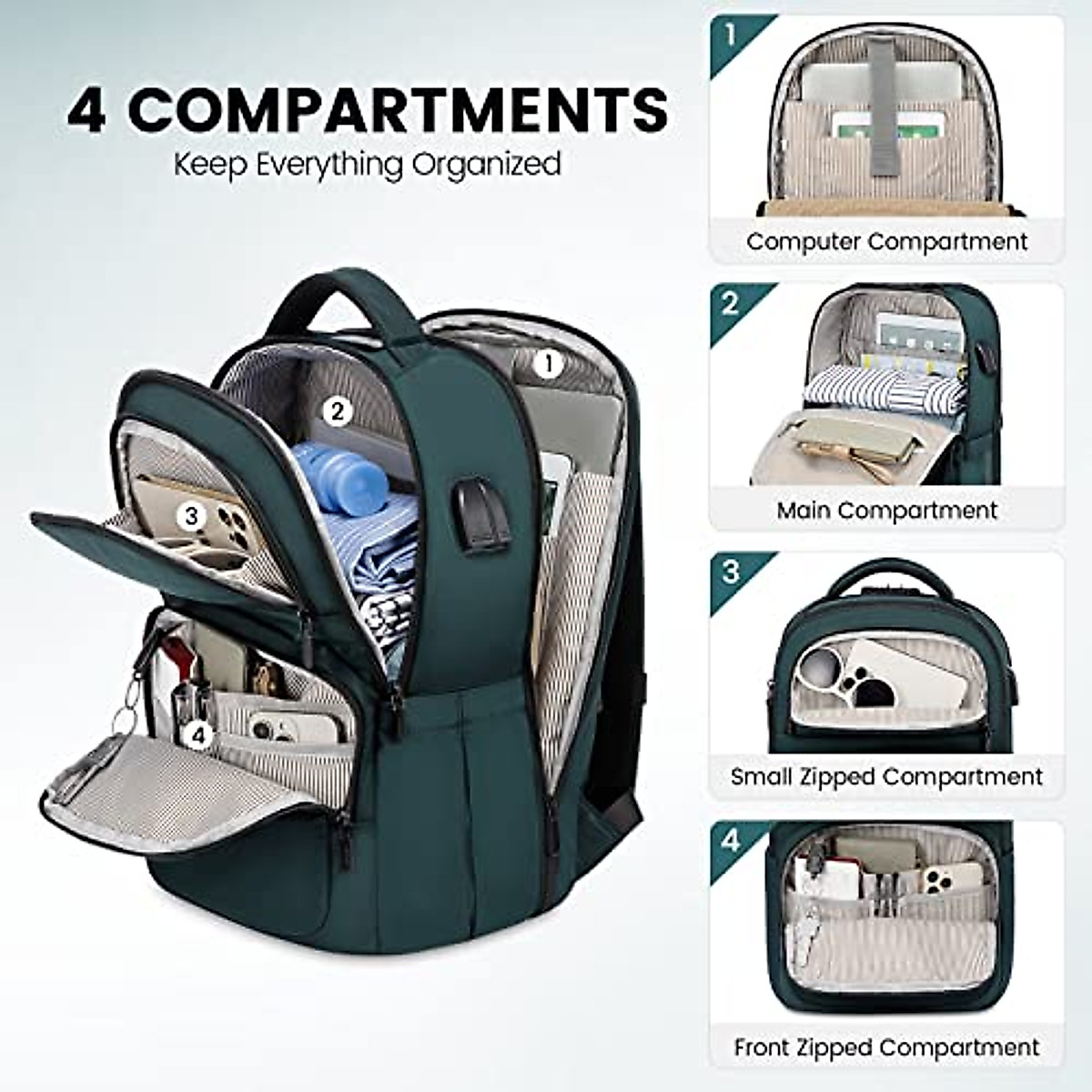 LOVEVOOK Travel Backpack for Women, Work Business Laptop Backpack With USB Port, Anti-Theft Waterproof Casual Daypack with Lock, Large Capacity College Backpacks, 15.6Inch Green