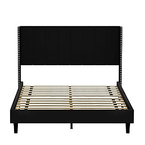 FANYHOM Queen Size Tufted Upholstered Bed Frame Low Profile Velvet Bed Frame Platform with Raised Wingback Headboard/No Box Spring Required/Wood Slat Support/Black