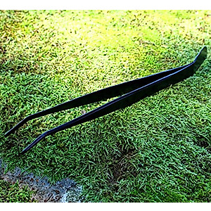 KAKURI Bonsai Tweezers Curved Serrated Tips with Spatula 8.8" Professional Bonsai Tool, Japanese Stainless Steel Black Coated, Made in JAPAN