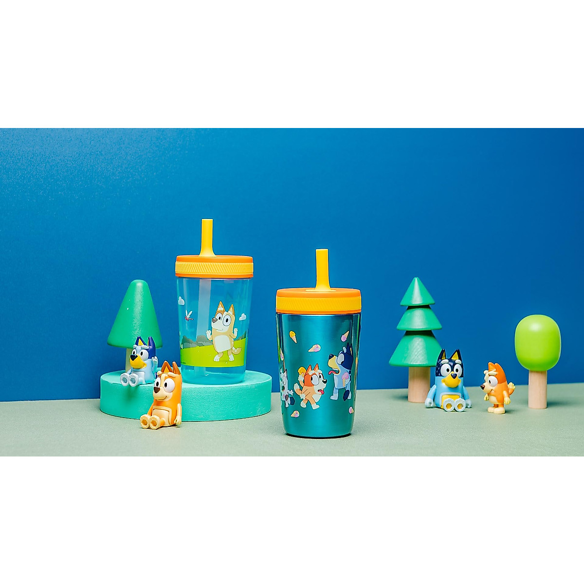 Zak Designs Bluey Kelso Tumbler Set, Leak-Proof Screw-On Lid with Straw, Bundle for Kids Includes Plastic and Stainless Steel Cups with Bonus Sipper, 3pc Set, Non-BPA