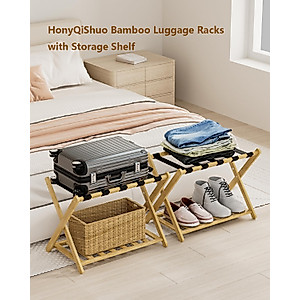 Luggage Rack, Folding Suitcase Stand with Storage Shelf, Natural Bamboo Suitcase Storage, Heavy-Duty Luggage Holder for Guest Room, Bedroom, Hotel, Luggage Racks for Suitcases, Holds up to 150lb