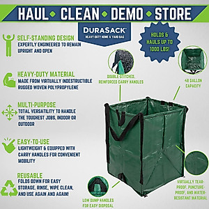 DURASACK Heavy Duty Home and Yard Waste Bag 48-Gallon Woven Polypropylene, Reusable Lawn and Leaf Garden Bag with Reinforced Carry Handles, Pop-Up Self-Standing Garbage Can, Green