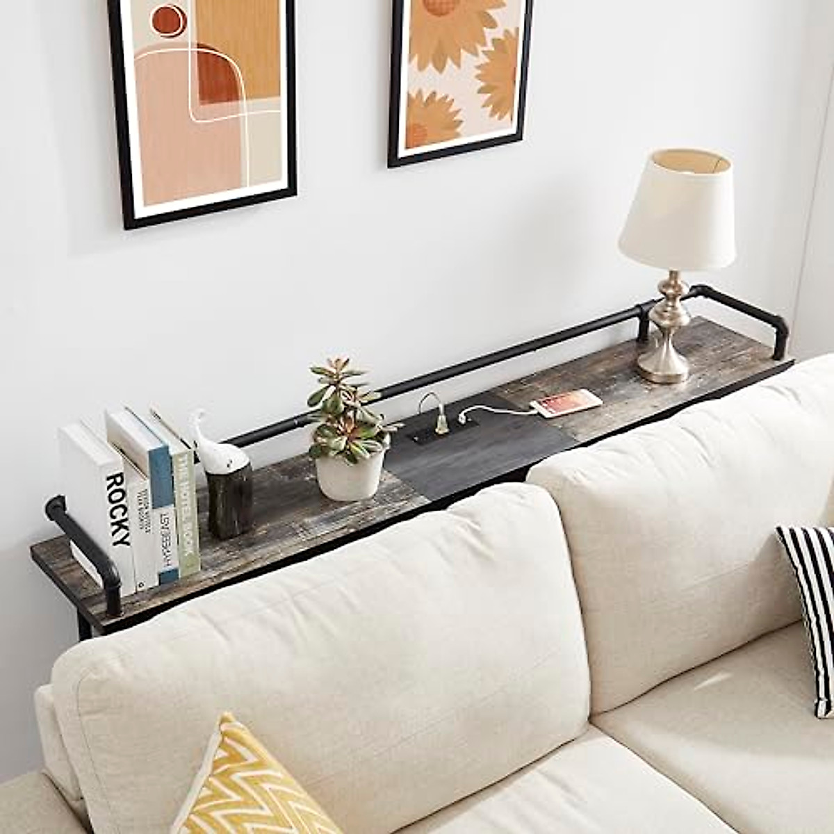 VECELO Narrow Console/Sofa Table with Power Outlet, Long Behind Couch Furniture for Entryway, Hallway, Living Room, Grey Oak