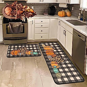 Fall Kitchen Rugs and Mats Set of 2, Thanksgiving Kitchen Rug Non Slip Backing Fall Decorations for Home Seasonal Farmhouse Fall Holiday Autumn Harvest Low-Profile Kitchen Floor Mat 17"X47"+17"X30"