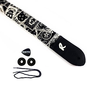 Pentagram Guitar Strap, Supernatural Genuine Leather Ends, Includes 2 Strap Locks & 1 Pick. Adjustable, Pick Pocket, For Bass, Electric & Acoustic Guitars Gift for Guitar Players Men, Women & Kids