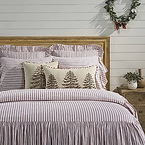 Piper Classics Timeless Ticking Red Ruffled California King Bedspread, High Skirt on 3 Sides, Vintage Farmhouse Bedding, Christmas