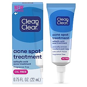 Clean & Clear Acne Spot Treatment Gel Cream with 2% Salicylic Acid, Oil-Free Topical Acne Treatment with Witch Hazel for Clinically Proven Results in 1 Day, Fragrance Free, 0.75 fl. oz