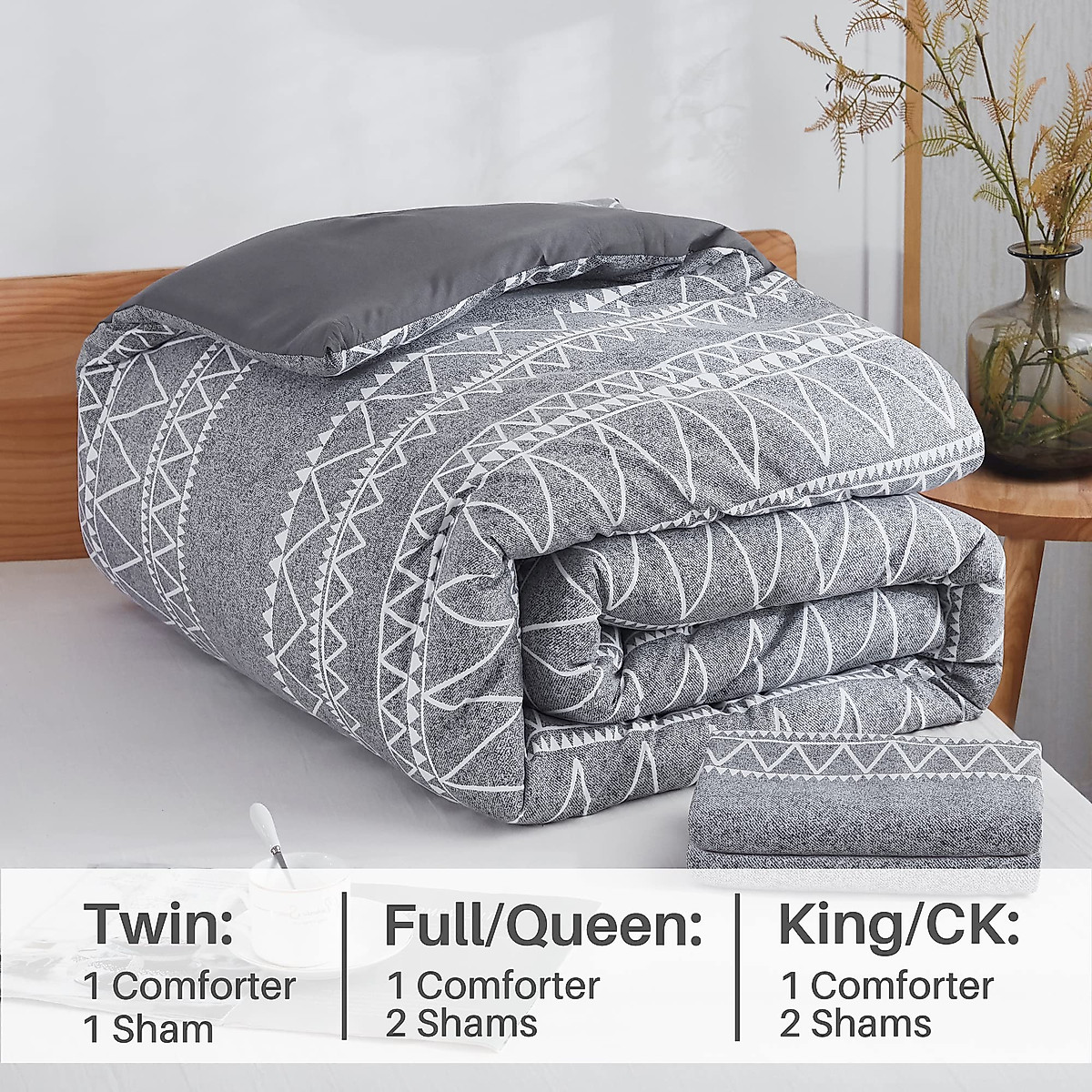 Atarashi Grey Comforter Set Queen, Soft Microfiber Reversible Gray Boho Down Alternative Comforter Set for Queen Bed- 3 Pieces (1 Solid Comforter + 2 Pillowcases), Bedding Duvet Set 90"x 90"