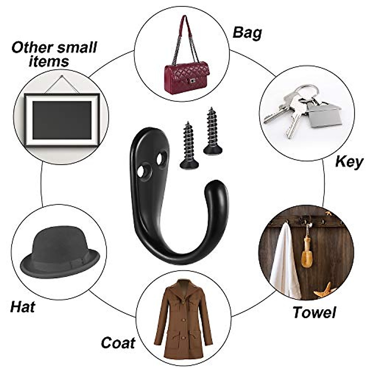 50 Pieces Coat Hooks Single Prong Robe Hook Wall Mounted Coat Key Hook with 110 Pieces Screws for Bathing Kitchen Garage Bedroom (Black)