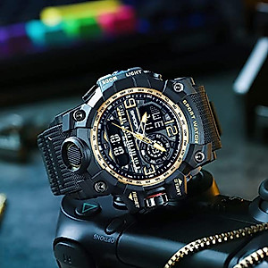 Yihou Mens Military Watch Tactical Watches for Men Sport Waterproof Relojes para Hombres Outdoor Digital Watch Big Face Alarm Stopwatch LED Gold