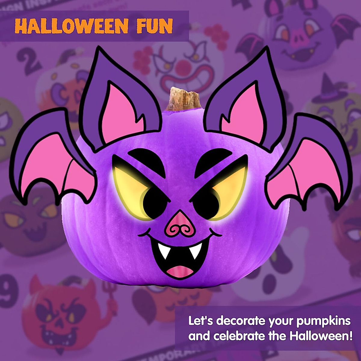 Klever Kits Halloween 3D Pumpkin Decorating Kit, Glowing in The Dark Pumpkin Painting Craft Kit with 9 Halloween Character Designs, Halloween DIY Coloring Arts & Crafts with Foam Stickers